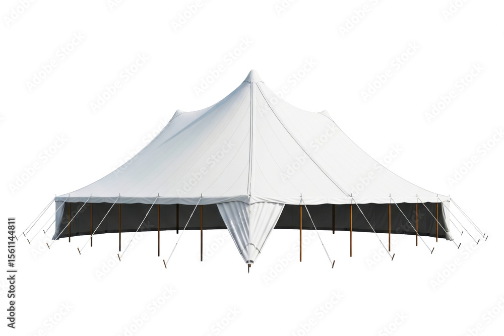Large white outdoor event tent set up with ropes isolated on a ...