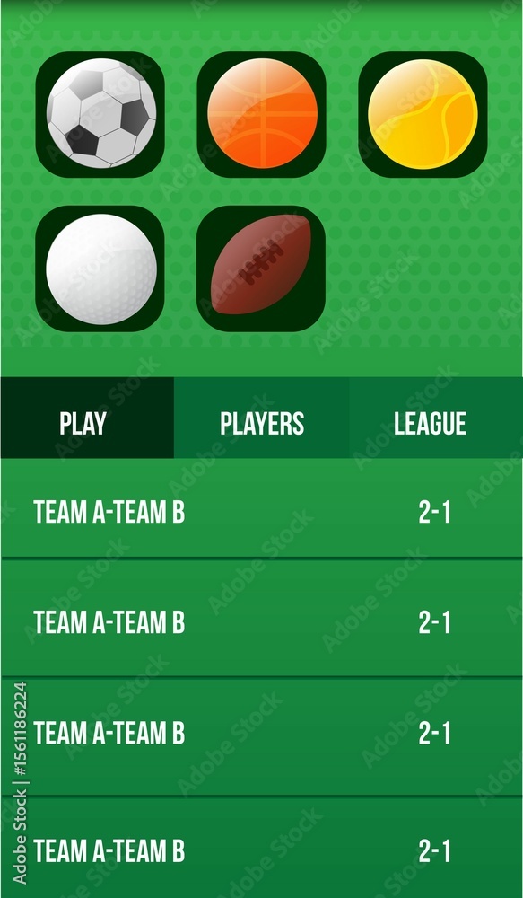 Displaying sports app interface with green-dot background, five rounded ...
