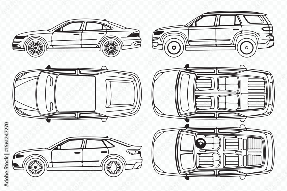 editable vector schematic of sedan and suv showing cabin layout and ...