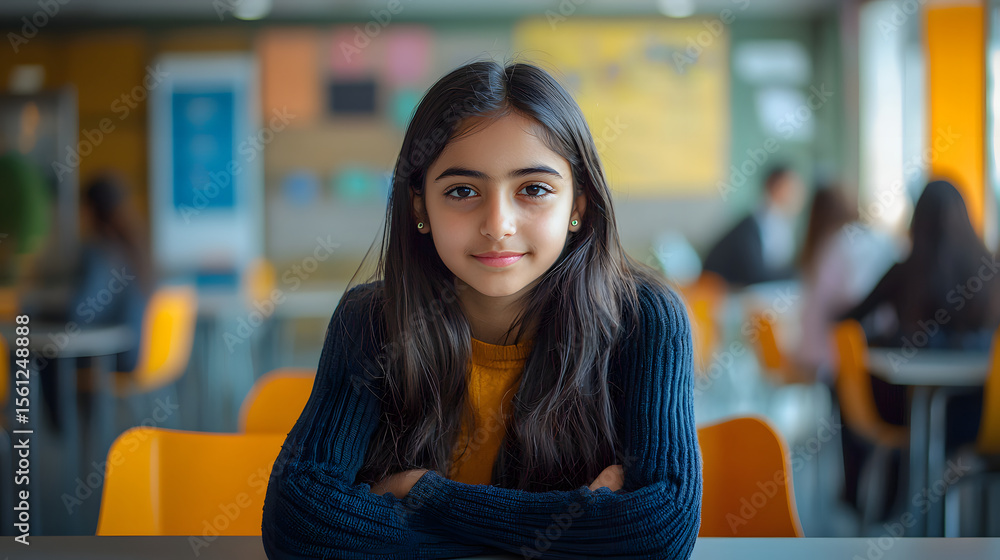 Portrait photo of a 11 year old indian girl in a modern classroom ...