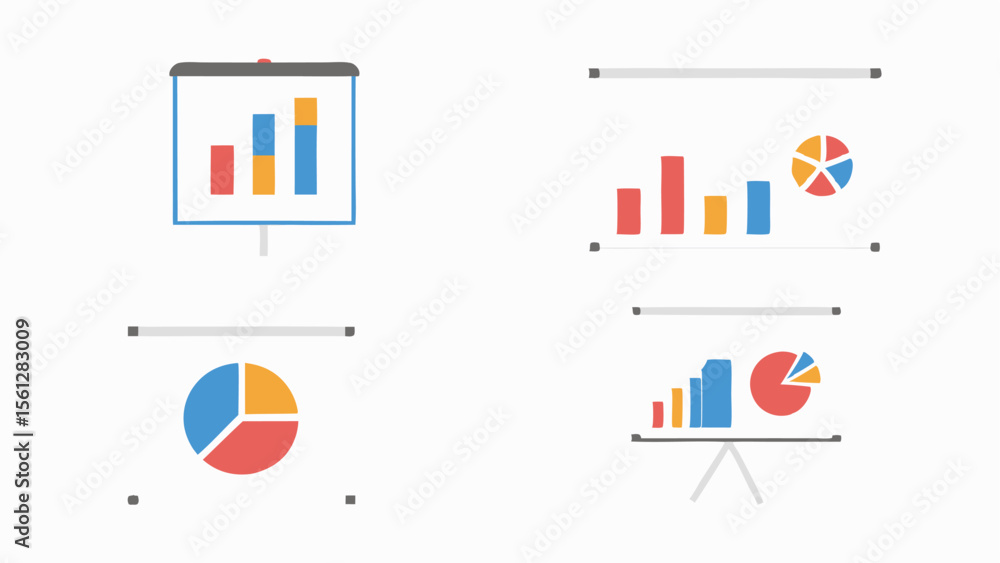 Presentation boards displaying bar charts and pie charts with various ...