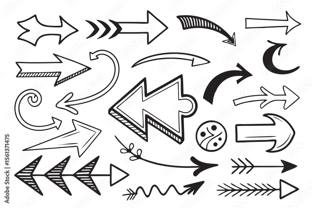 Hand-Drawn Vector Arrows Set Featuring Circular and Curved Black Sketch ...