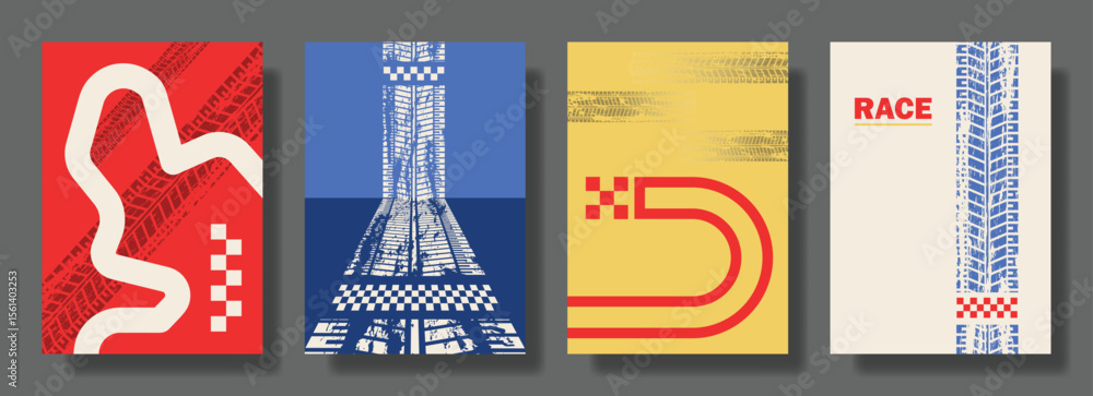 Race Track Poster Set – Grunge Tire Mark and Finish Line Graphic Art in ...