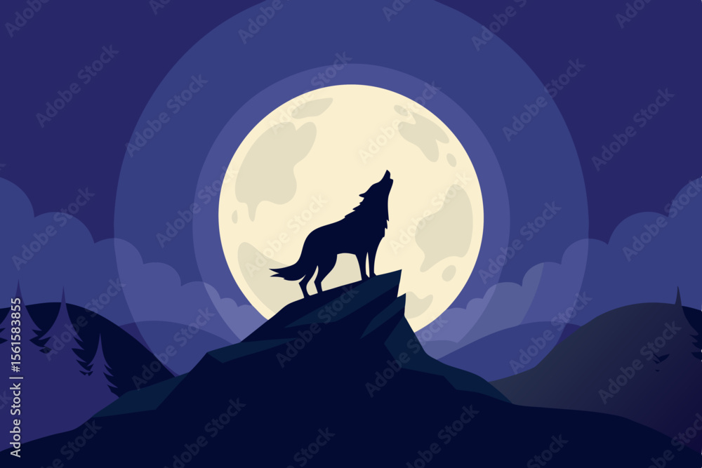 A solitary wolf silhouette howls at the full moon in a dark forest ...