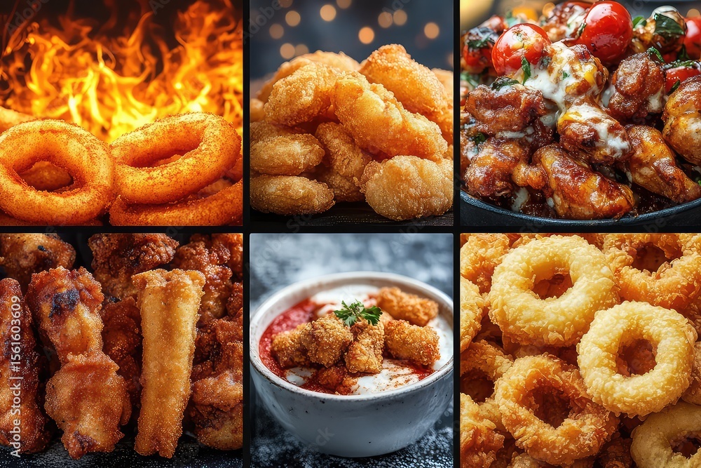 Photo Stock Collage of different types of fried foods, including onion ...