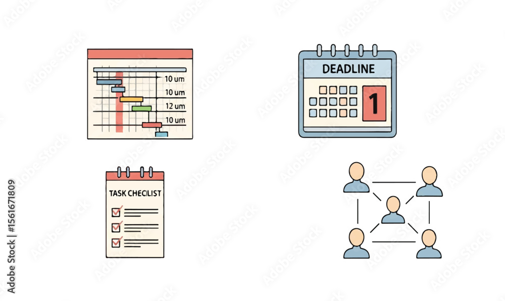 Project schedule chart, deadline calendar, task checklist and team ...