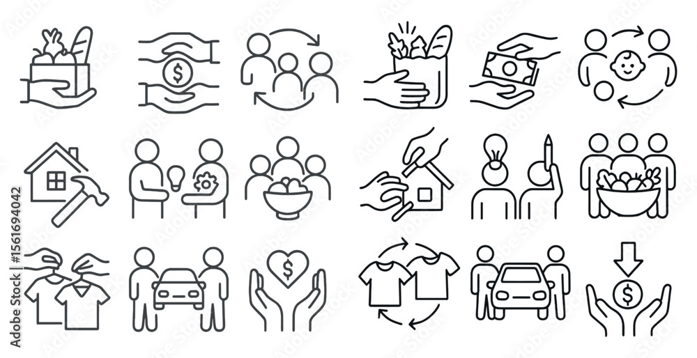 Series of icons depicting various acts of kindness and generosity. The ...