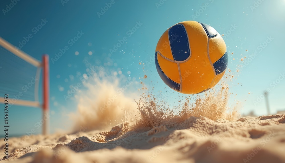 Dynamic beach volleyball action shot captures ball colliding sand ...