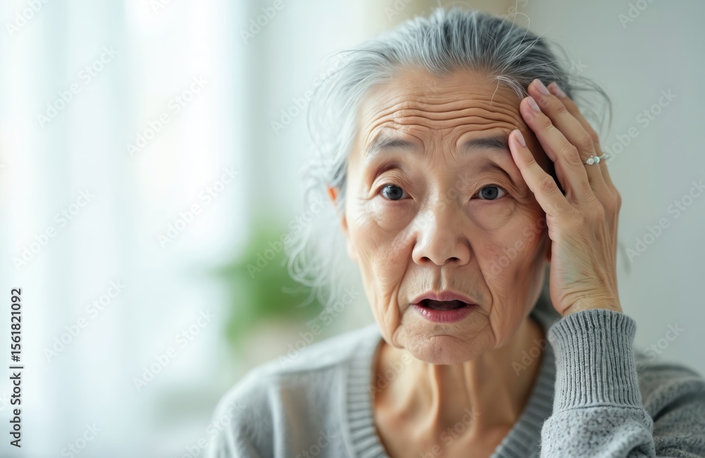 Asian senior woman with memory loss. She holds head, showing confusion ...