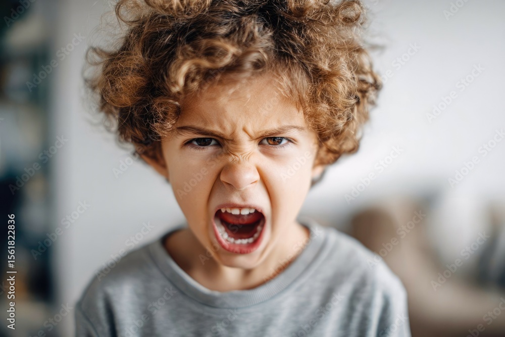 Angry curly boy screaming with mouth wide open, face expressing anger ...