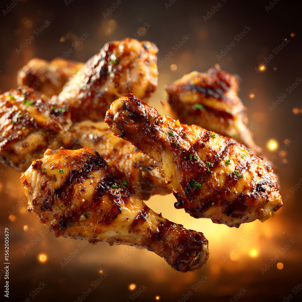 Grill chicken drum sticks, realistic 3d flying in the air, grilled meat ...