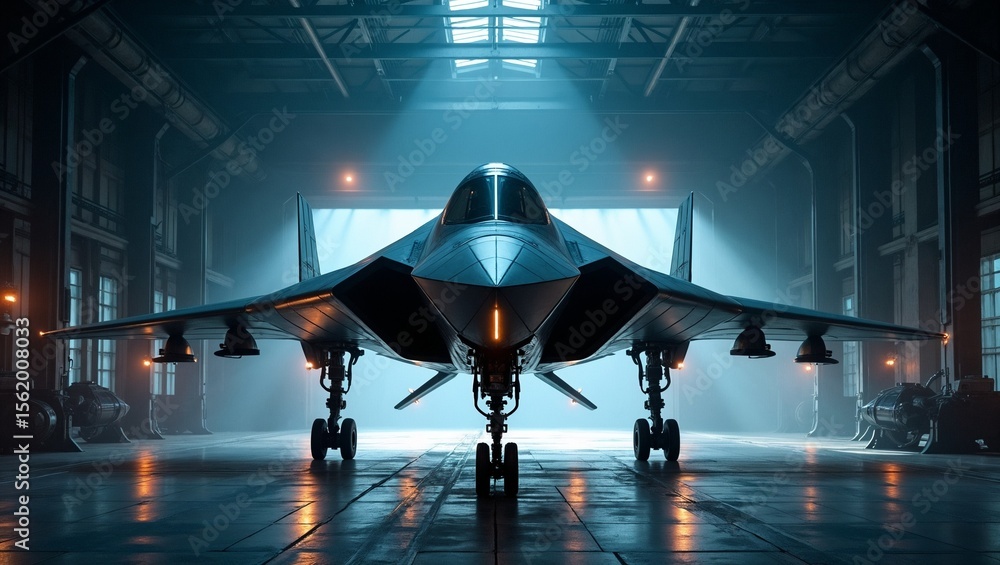 Next Generation High Tech Stealth Bomber in Futuristic Aircraft Hangar ...