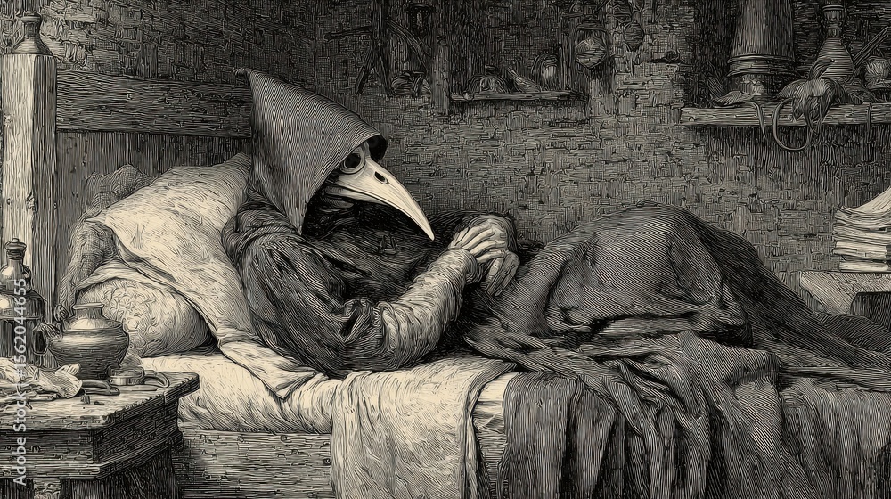 Foto de Stock Plague Doctor Resting: A historical engraving depicts a ...