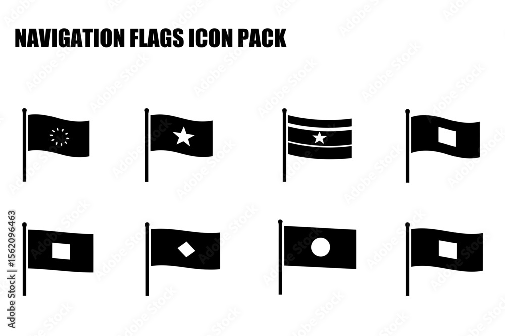 Navigation flags icons in a set display. Simple black and white ...