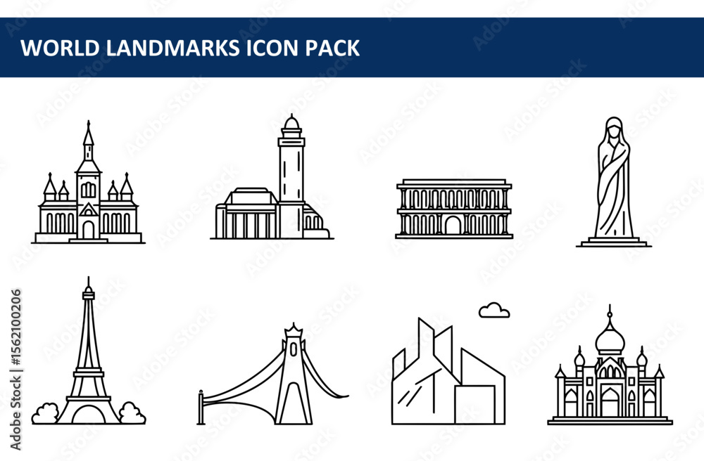 World landmarks icon pack. Simple line art illustrations of famous ...