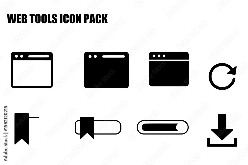 Web tools icon pack showcasing browser windows, refresh, bookmark ...