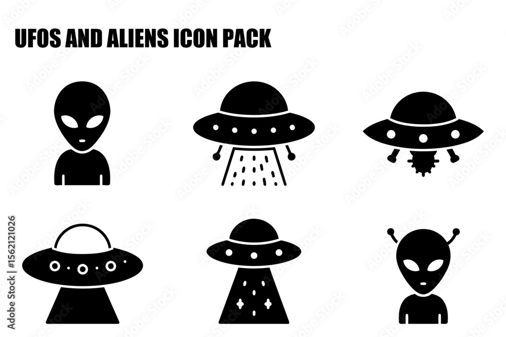 Vektor Black and white alien and UFO icons in a space theme. Simple ...