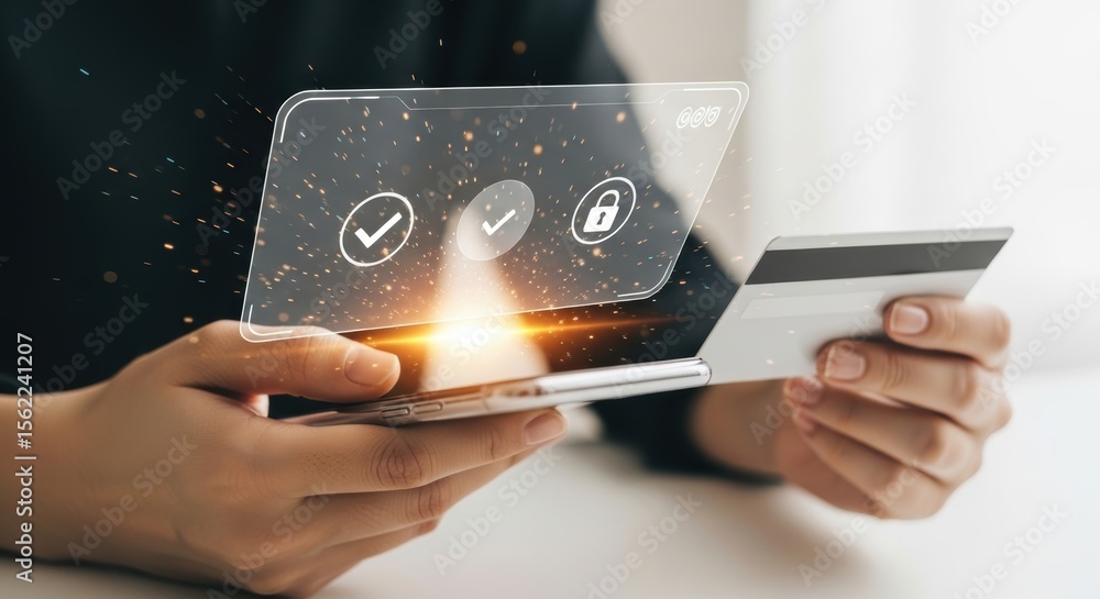 User completing a secure mobile banking transaction with a credit card ...