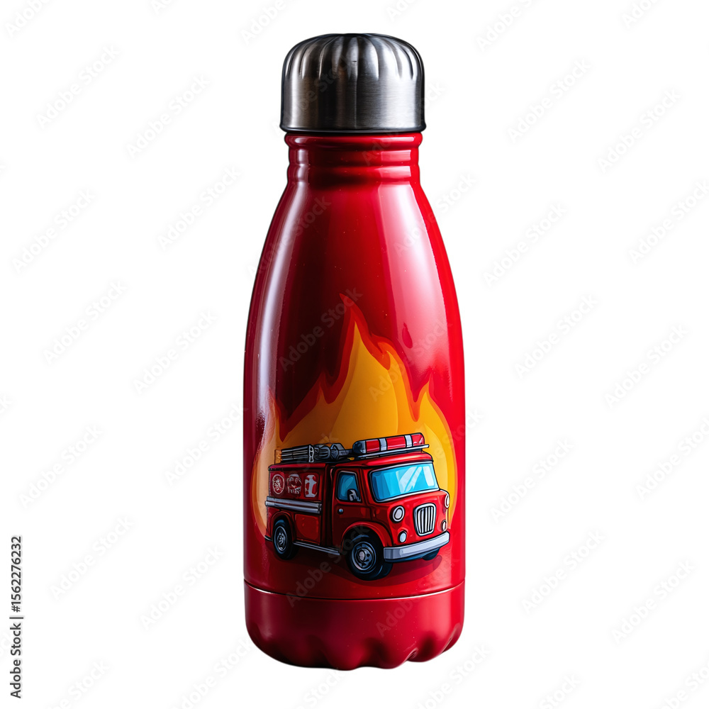 Double-wall insulated kids bottle with fire truck print and flame motif ...