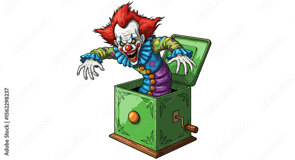 Evil Clown Jumping From Green Jack-In-The-Box Toy Stock Illustration ...