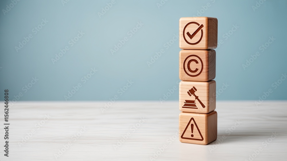 Wooden blocks stacked vertically displaying icons related to copyright ...