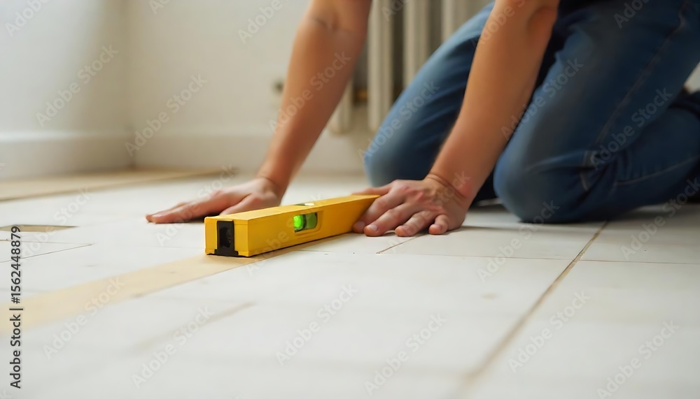 Professional worker using a spirit level to ensure perfect tile ...