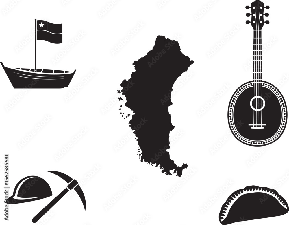 Chile Vector with National Map Fishing Boat Empanada Andes Mandolin ...