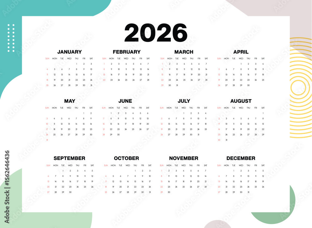 2026 calendar template clipart design. 12 months calendar lay out of ...