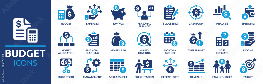 Budget icon set. Containing expense, money management, cash flow ...