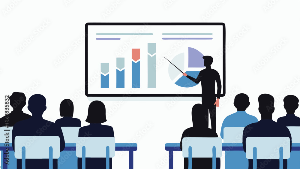 Presentation with bar chart and pie chart being presented to an ...