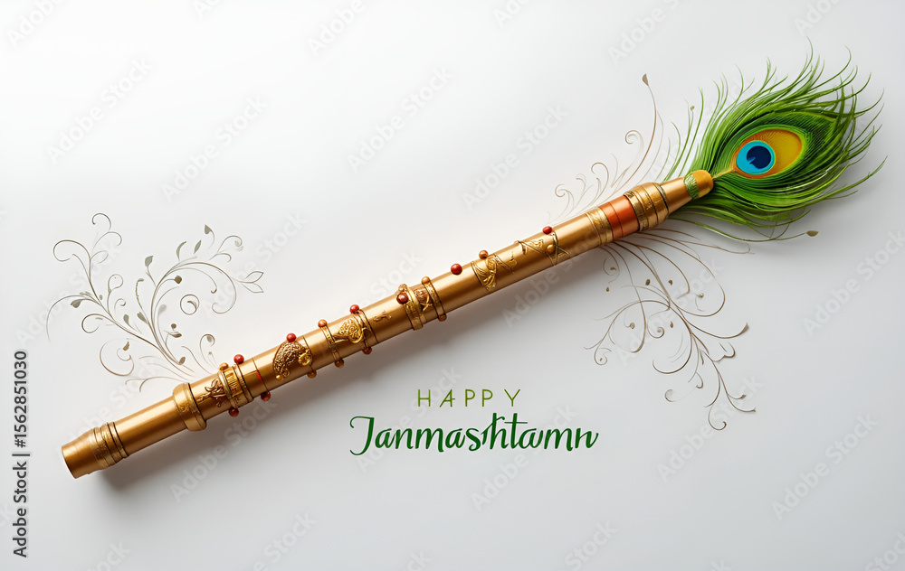 Golden flute decorated with a peacock feather and floral design for ...