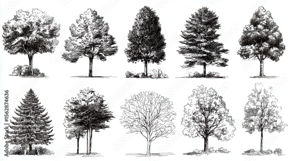 Ultra quality image of clip art collection of pencil-drawn trees ...