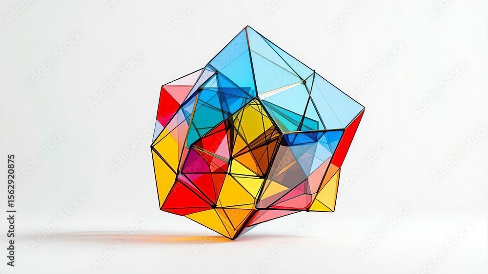 Abstract geometric sculpture made of colorful translucent panels ...