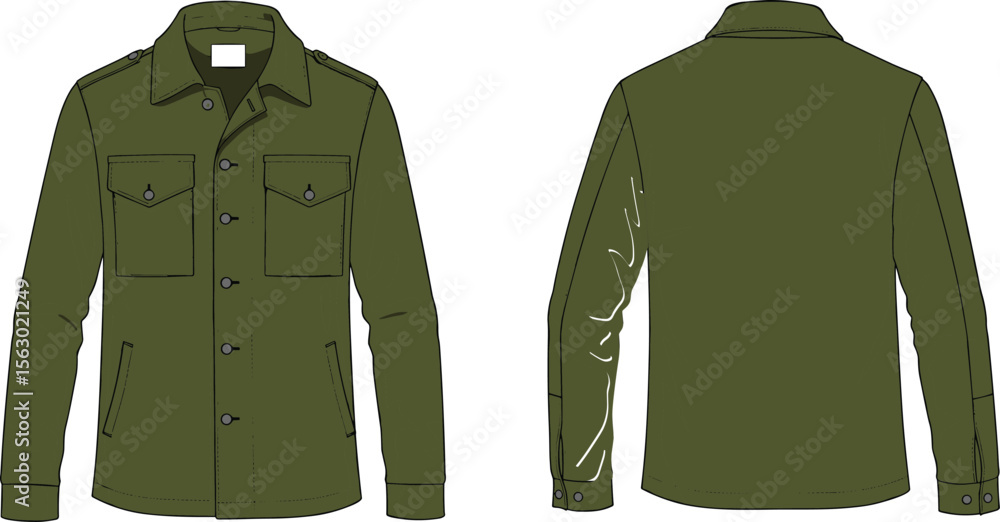 Military style jacket technical flat, front and back vector template ...
