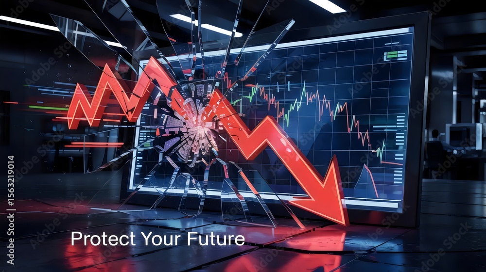 Shattered digital screen with crashing stock chart and red arrow Stock ...