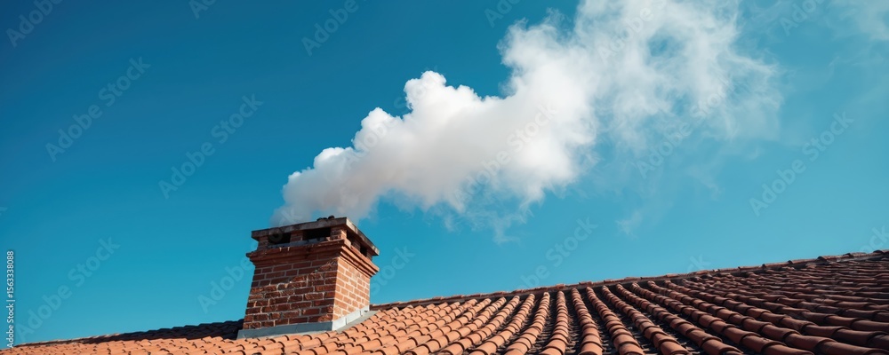 White smoke from chimney against blue sky. Symbolic announcement of ...