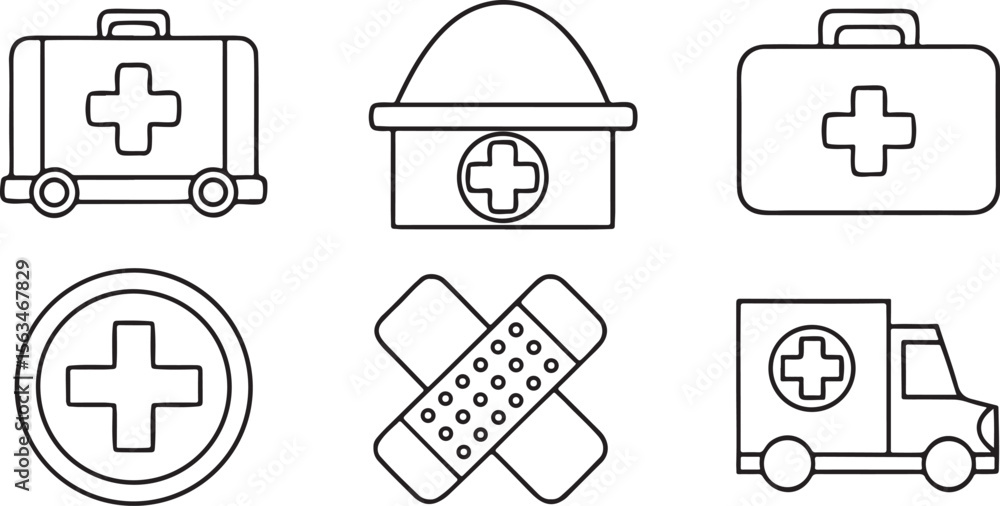 Emergency and First Aid Icon Set, bandage and medical alert symbols ...