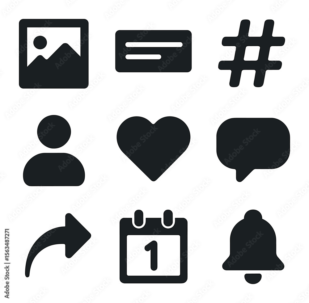Social Media Icons Grid. Solid, filled icons set of social media post ...