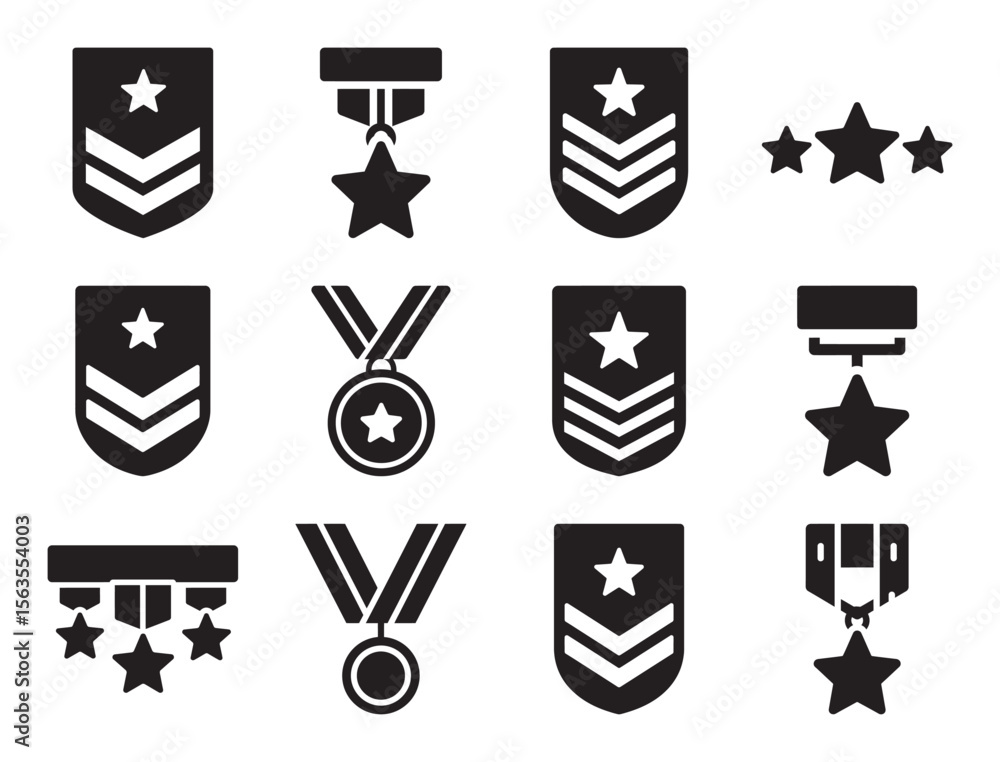 Military ranks and awards solid icon set for insignia and medals ...