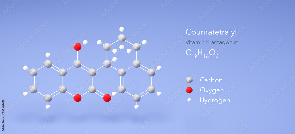 coumatetralyl molecule, molecular structure, anticoagulant rodenticide ...
