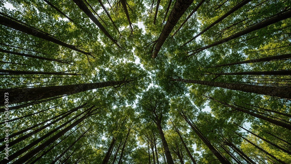 ภาพประกอบ Stock Bottom-up view green forest canopy. Natural carbon sink ...