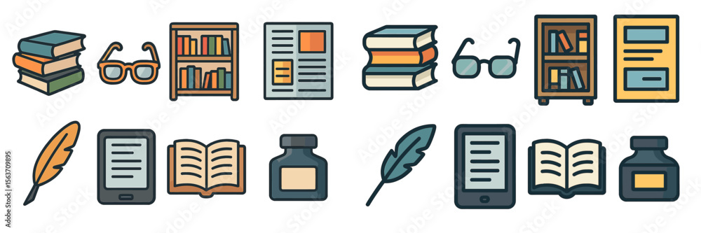 Collection of reading materials and writing tools arranged on a clean ...