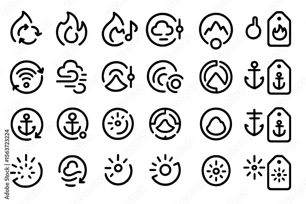 Dark fantasy UI icon set with fire, light, anchor, and cloud symbols の ...