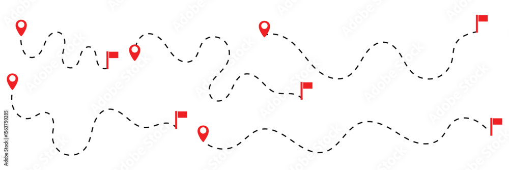 เวกเตอร์ Stock set of Route location icon two pin sign and dotted line ...
