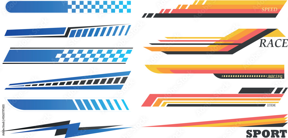 Vetor Racing car elements with checkered flags, speed stripes, finish ...