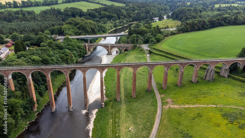 Aerial view of the iconic Leaderfoot Viaduct spanning the River Tweed ...