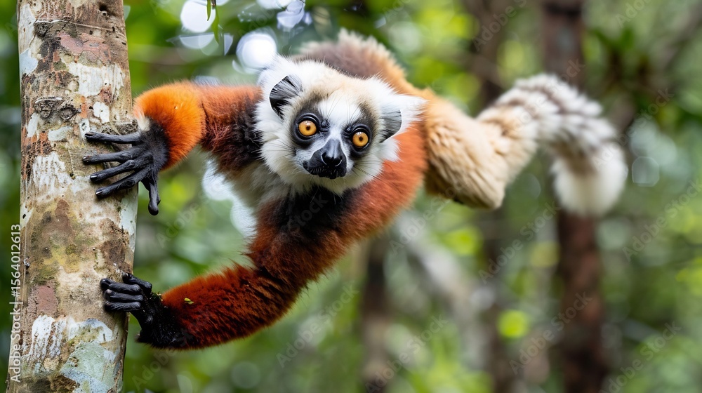 Sifaka lemur mid air between red barked trees, agile form in motion ...