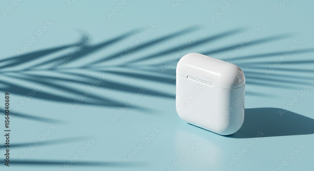 A white airpod case with a shadow on a light blue backdrop. Stock Photo ...
