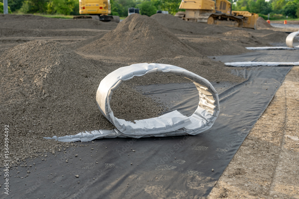 Foto de Stock Construction photo of a roll of flat panel drainage pipe ...