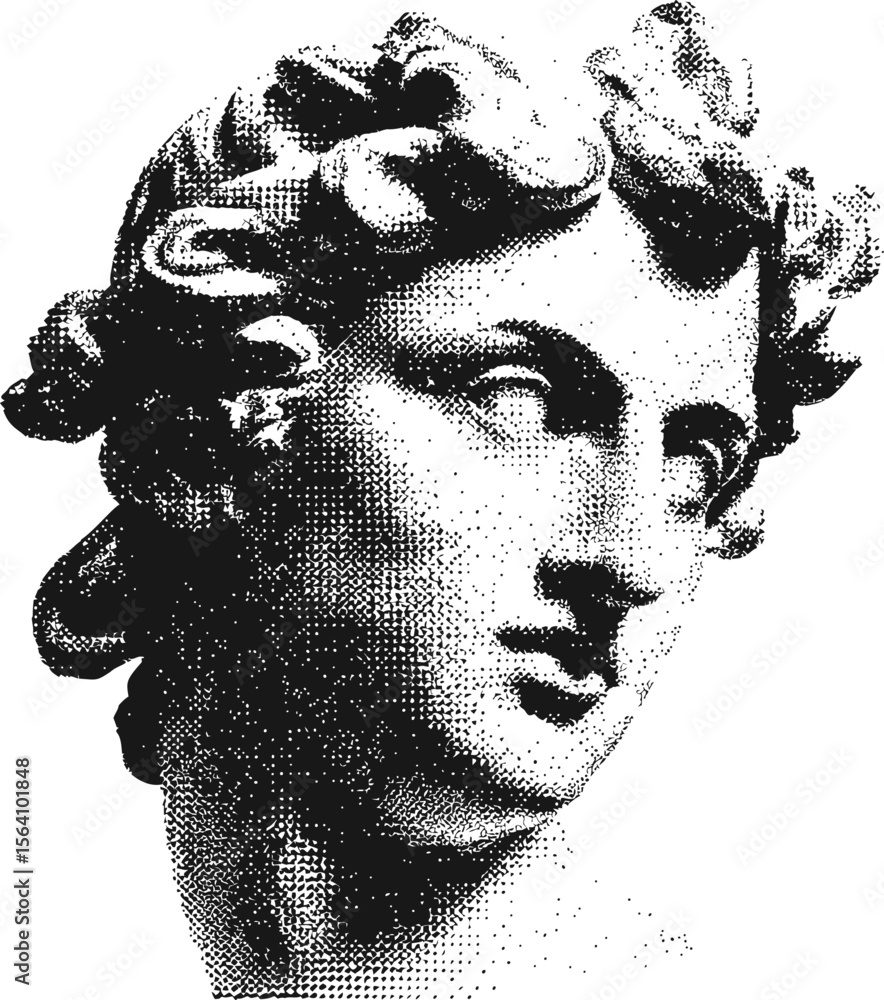 Classical sculpture head with halftone effect in black and white ...